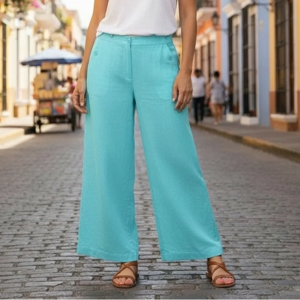 Chico's | Pants & Jumpsuits | Chicos Turquoise 0 Linen Wide Leg Flat ...
